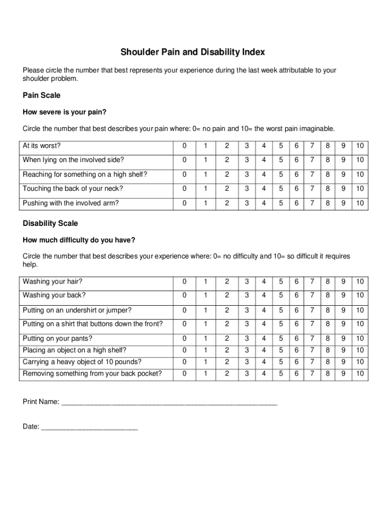 Fillable Online Shoulder Pain and Disability Index - Please place a ...
