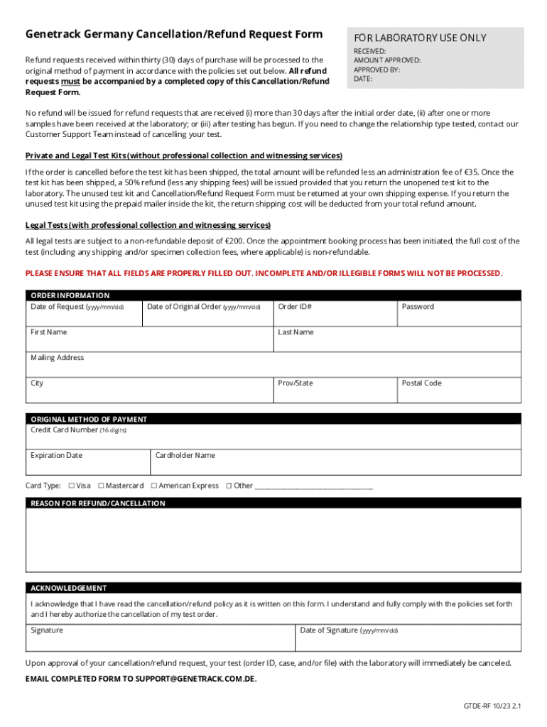 Fillable Online Genetrack Germany Cancellation/Refund Request Form Fax Email Print - pdfFiller