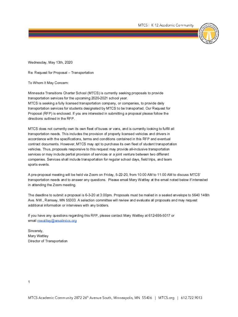 Fillable Online Request for Proposal for Student Transportation Fax ...