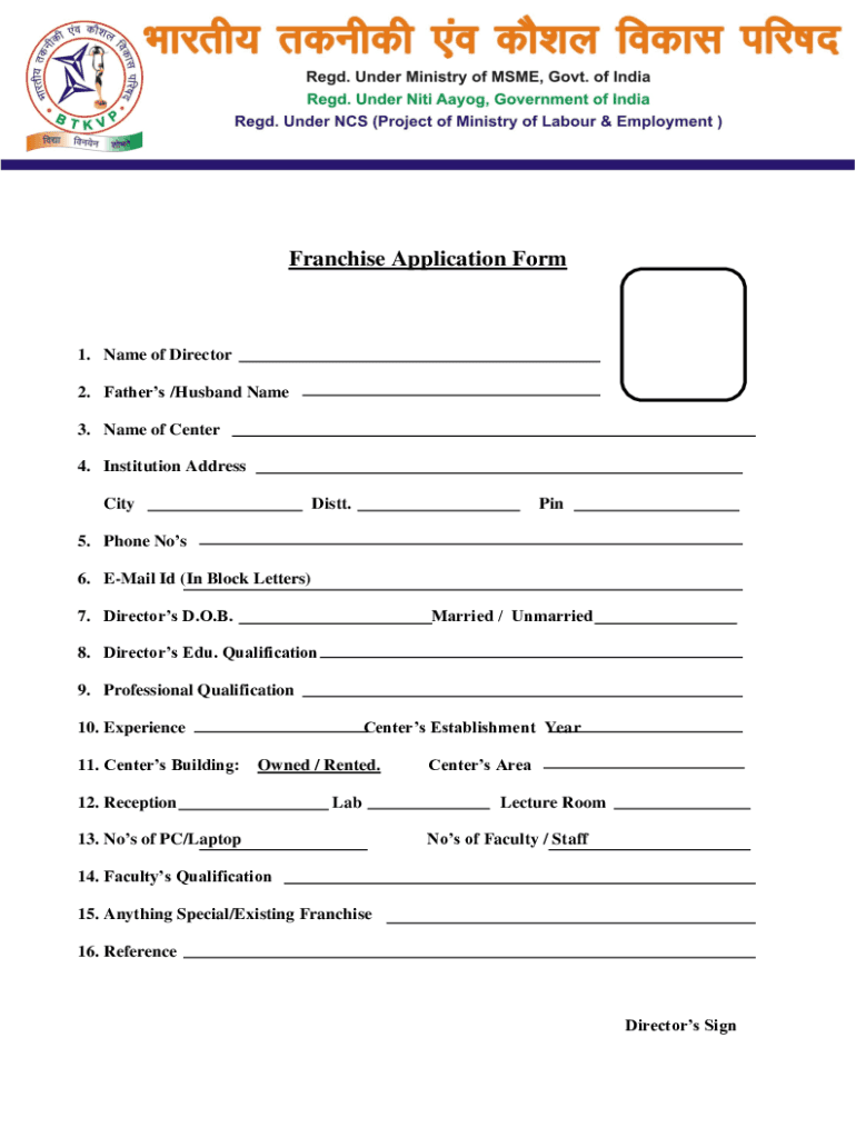 Fillable Online Franchise Application Form - BTKVP Fax Email Print ...