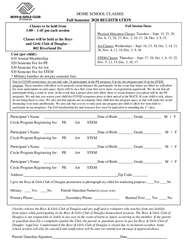 Fillable Online HOME SCHOOL CLASSES Fax Email Print - pdfFiller