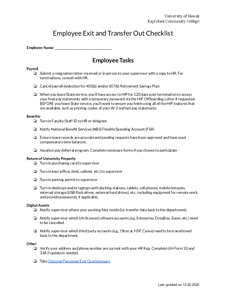 Fillable Online Exit and Transfer Out Checklist - Employee Tasks Fax ...