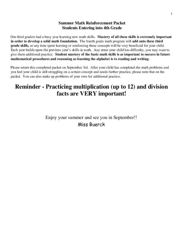 Fillable Online 4th Grade Math Review Packets - Summer Packet Spiraled ...