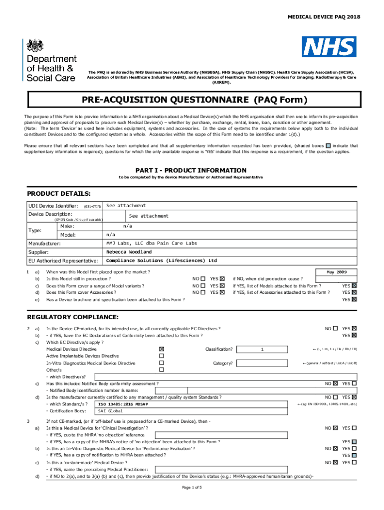 Fillable Online PRE-ACQUISITION QUESTIONNAIRE (PAQ Form) Fax Email ...