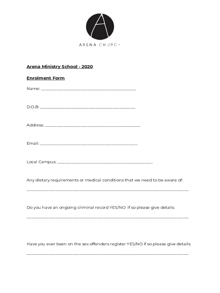 Fillable Online Arena Ministry School - 2020 Enrolment Form Fax Email Print - pdfFiller