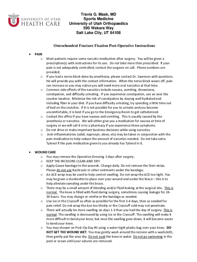 Fillable Online Osteochondral Fracture Fixation Post-Operative Instructions Fax Email Print ...