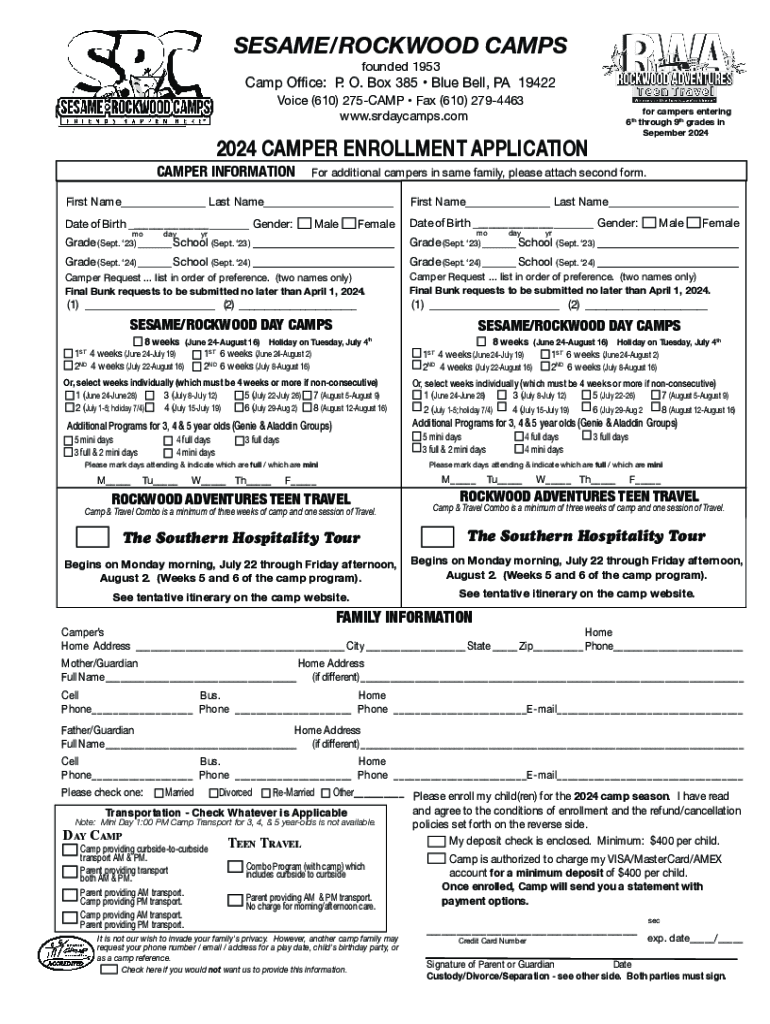Fillable Online 2024 CAMPER ENROLLMENT APPLICATION Fax Email Print - pdfFiller