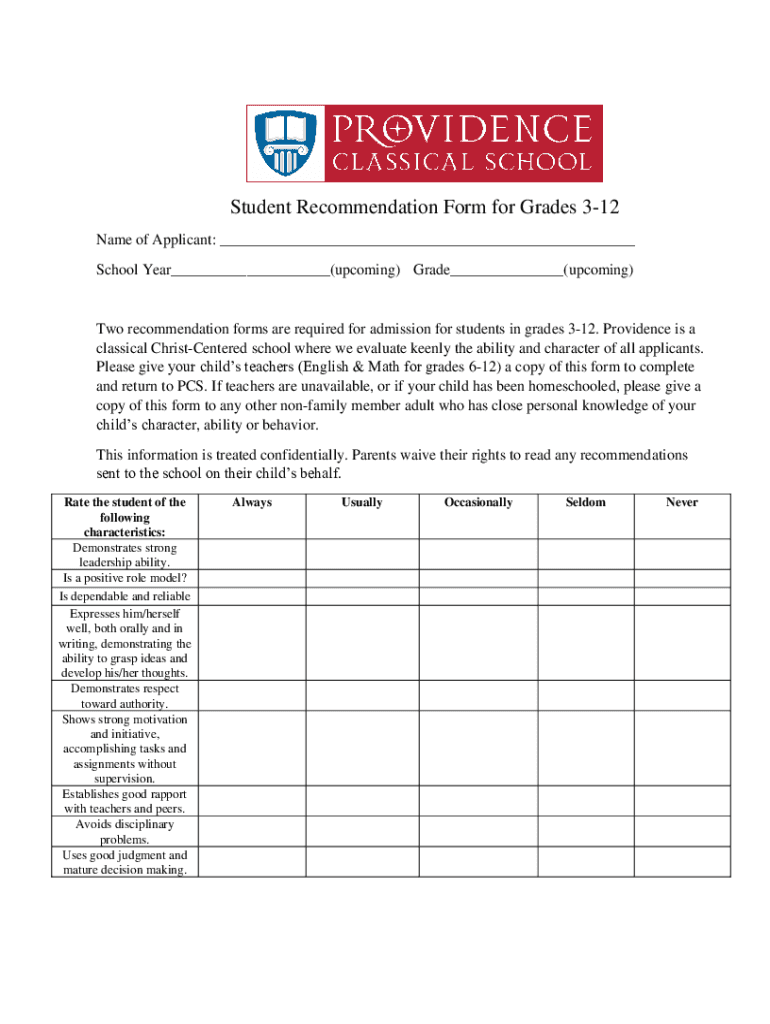 Fillable Online Student Recommendation Form for Grades 3-12 Fax Email ...