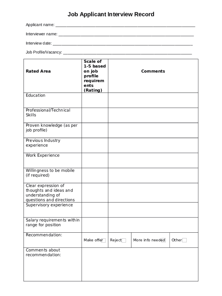 Job Applicant Interview Record Doc Template | pdfFiller