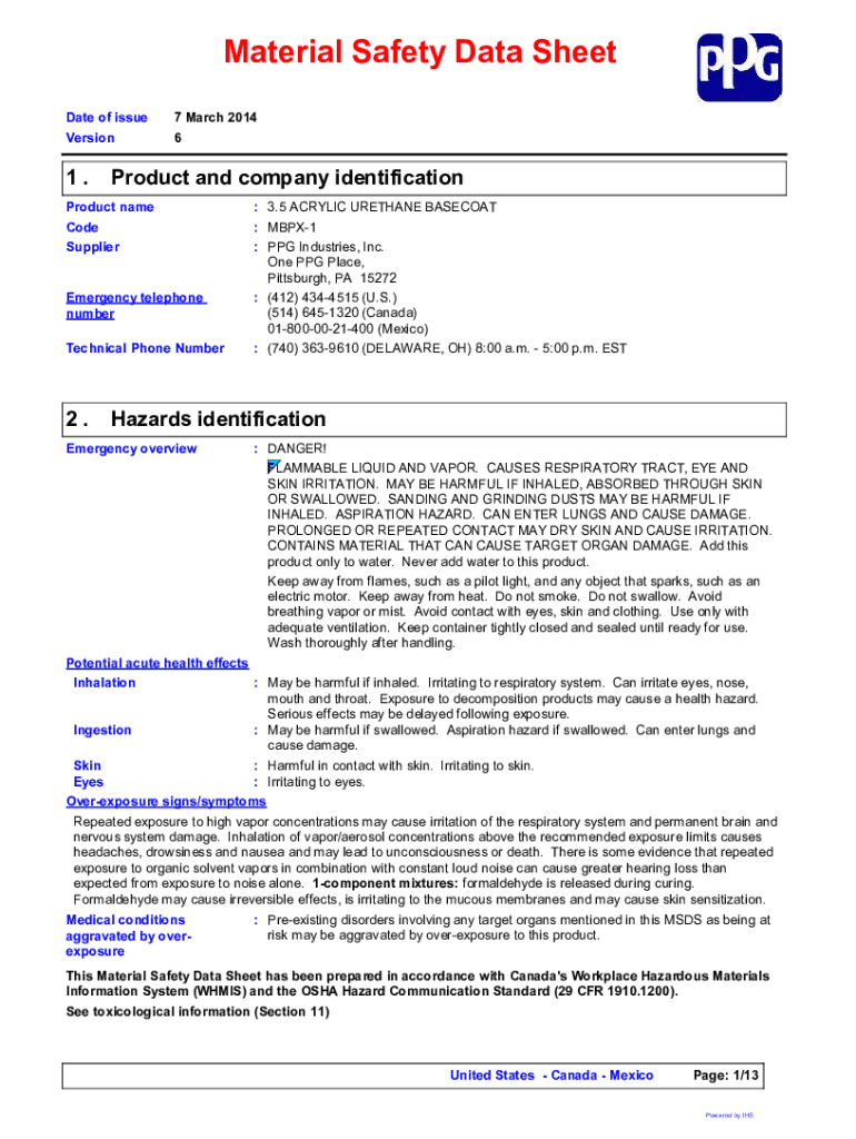 Fillable Online Acrylic Urethane Basecoat - SAFETY DATA SHEET Fax Email ...