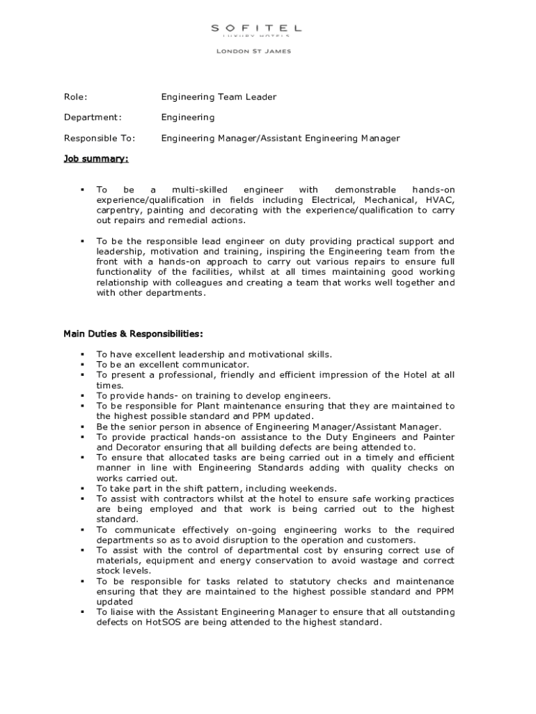 Fillable Online Engineering Manager Job Description +2024 TEMPLATE Fax ...
