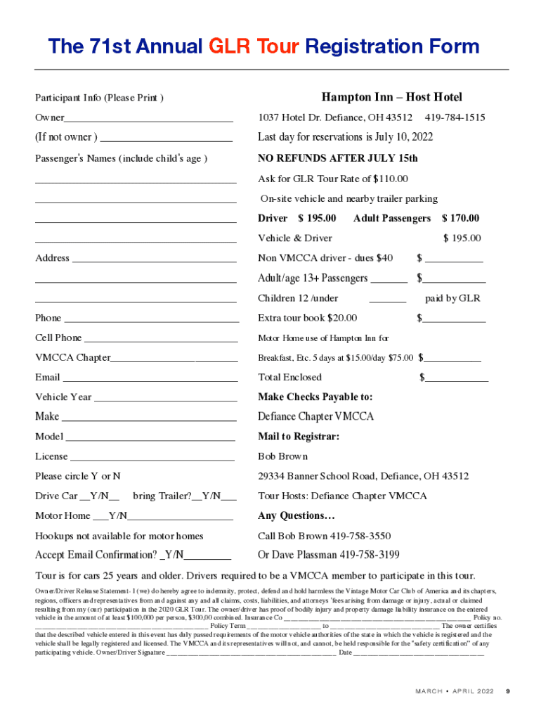 Fillable Online The 71st Annual GLR Tour Registration Form Fax Email ...