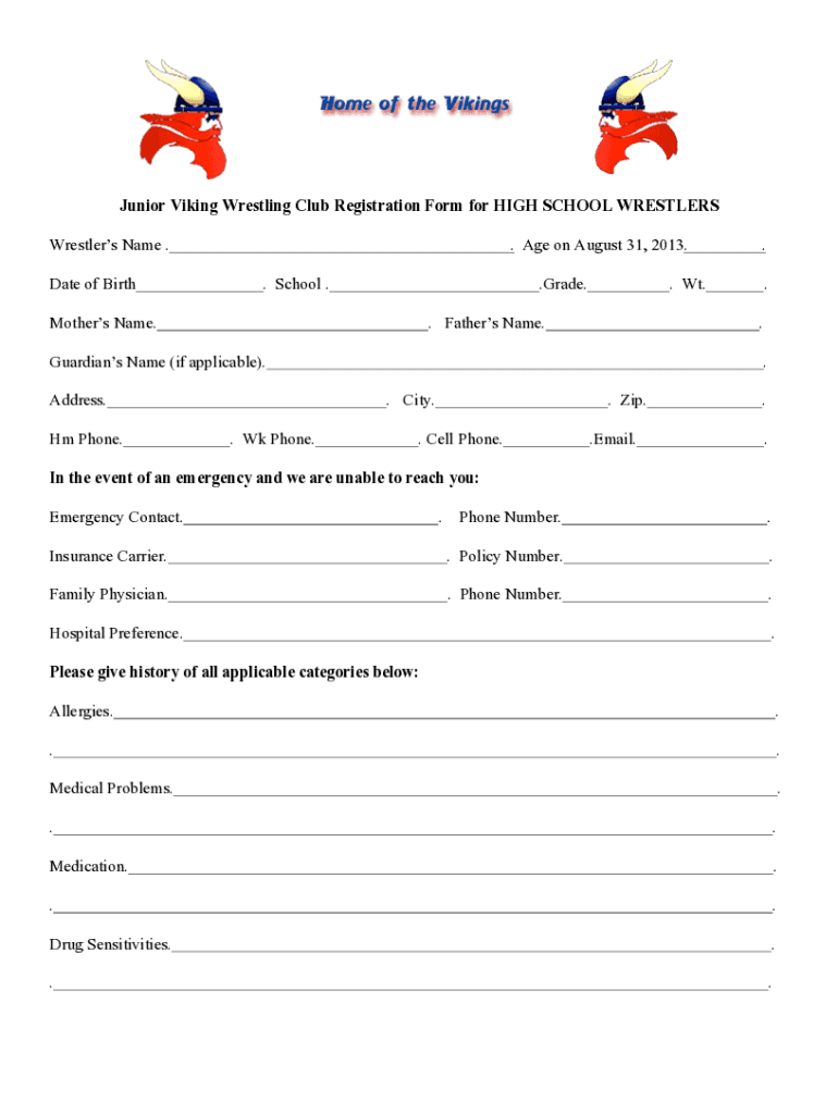 Fillable Online Junior Viking Wrestling Club Registration Form HS Fax ...