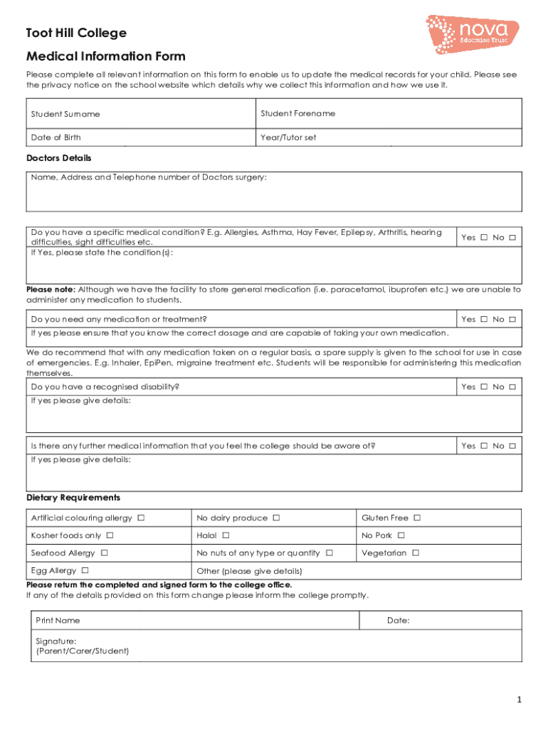 Fillable Online Toot Hill College Medical Information Form Fax Email ...