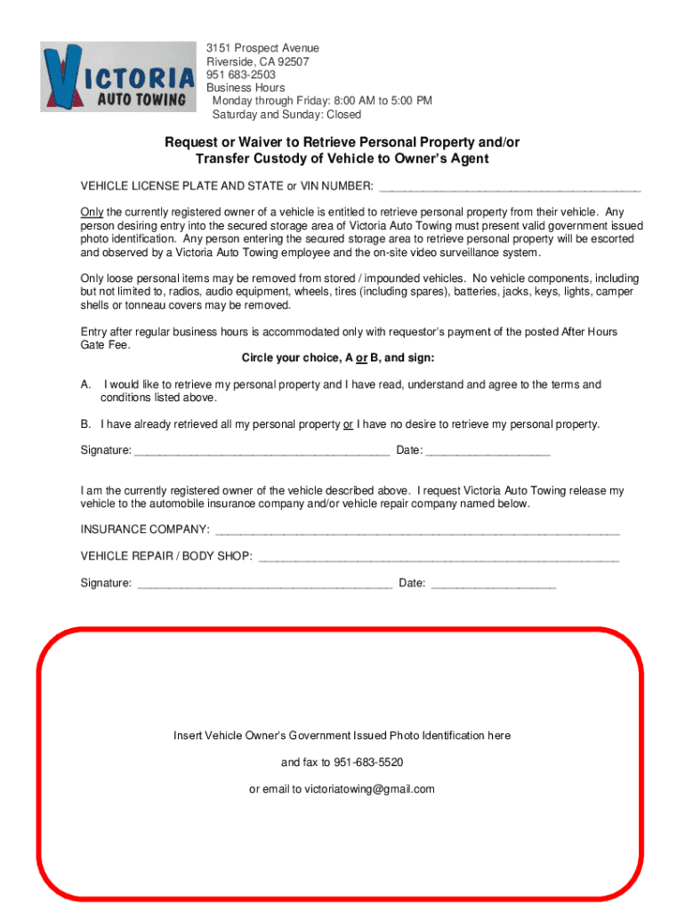 Fillable Online Personal Property Retrieval and Vehicle Release to ...