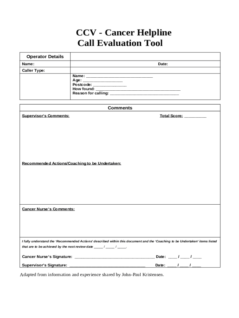 CCV Cancer Helpline Call Evaluation Tool Doc Template | pdfFiller