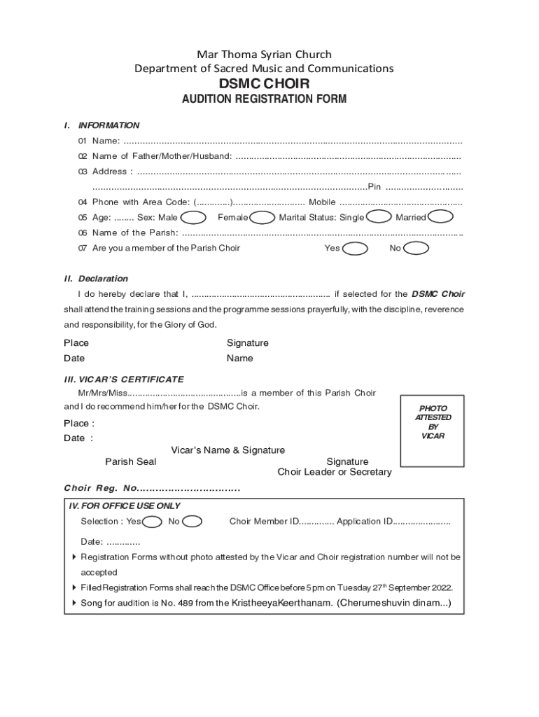 Fillable Online DSMC CHOIR - AUDITION REGISTRATION FORM Fax Email Print ...