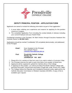 Fillable Online prendiville wa edu DEPUTY PRINCIPAL POSITION ...
