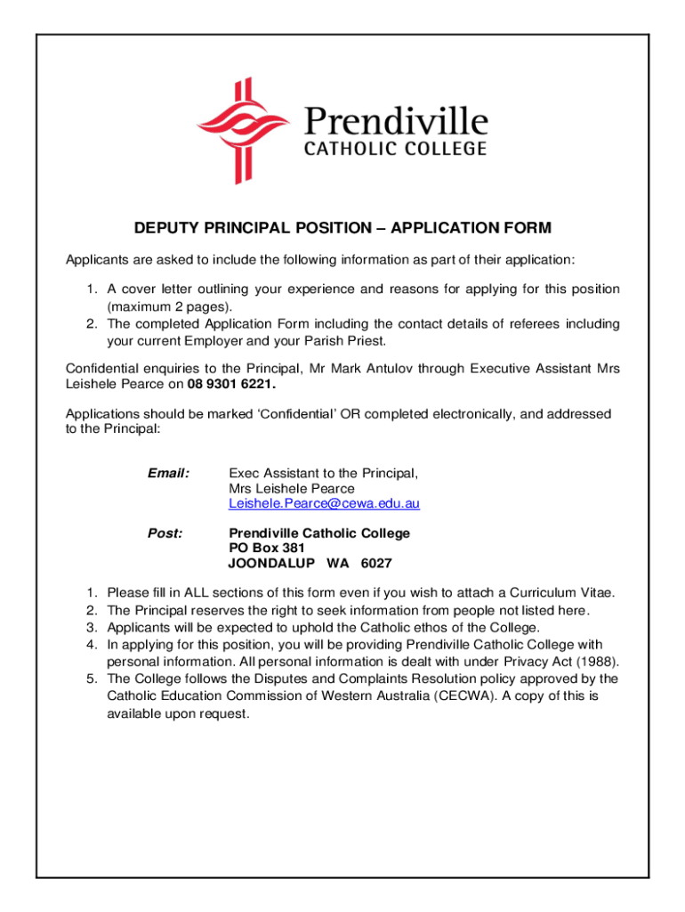 Fillable Online prendiville wa edu DEPUTY PRINCIPAL POSITION ...
