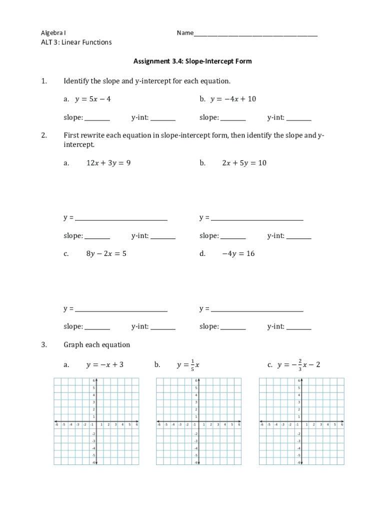 Fillable Online Linear Functions Assignment 3.4: Slope-Intercept Form ...