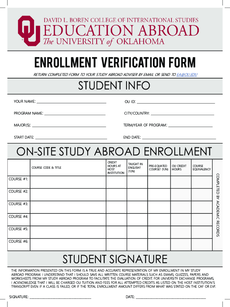 Fillable Online enrollment verification form student info Fax Email ...