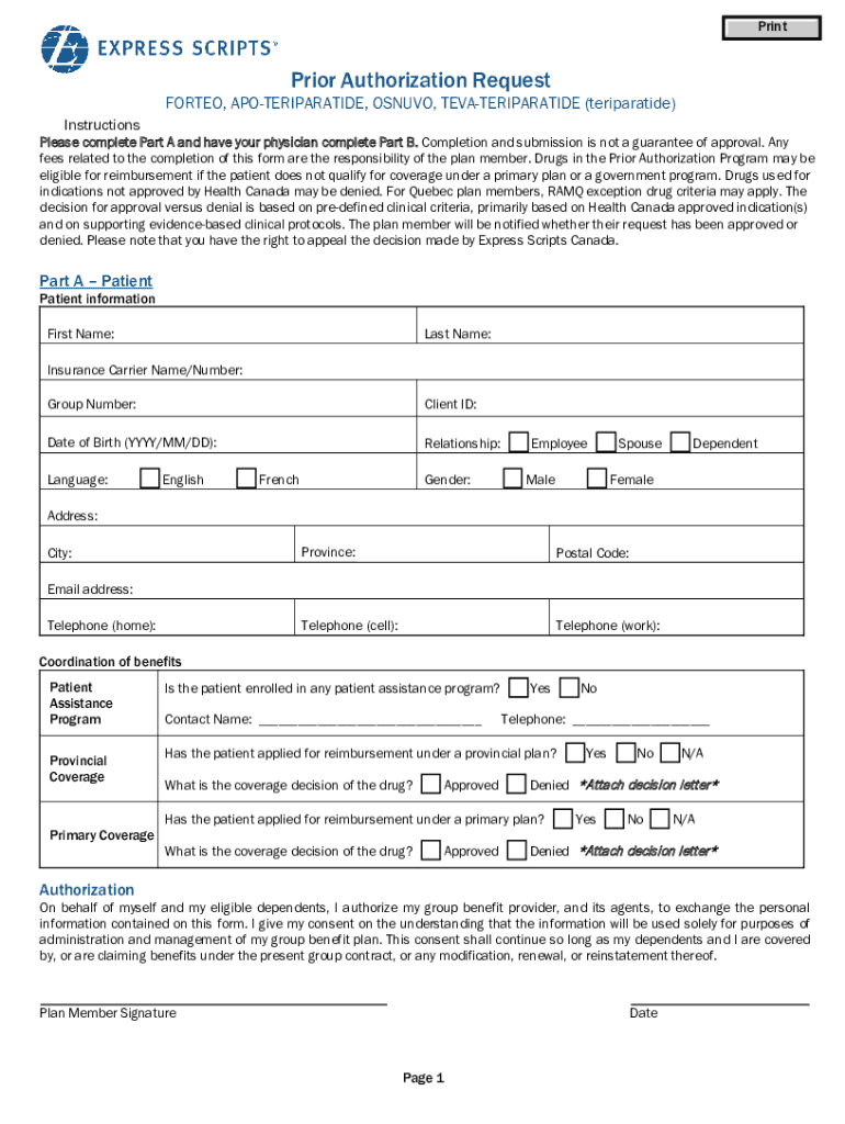 Fillable Online ESC Prior Authorization Requestteriparatide Fax Email ...
