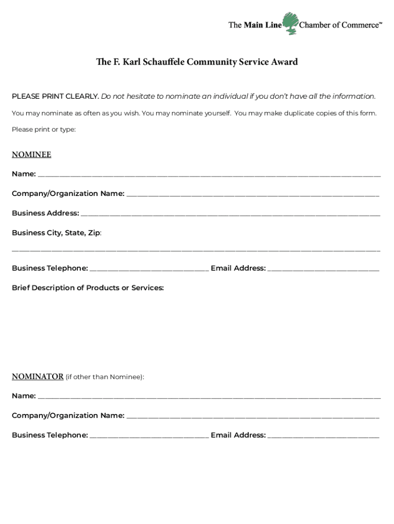 Fillable Online The F. Karl Schauffele Community Service Award Fax Email Print - pdfFiller