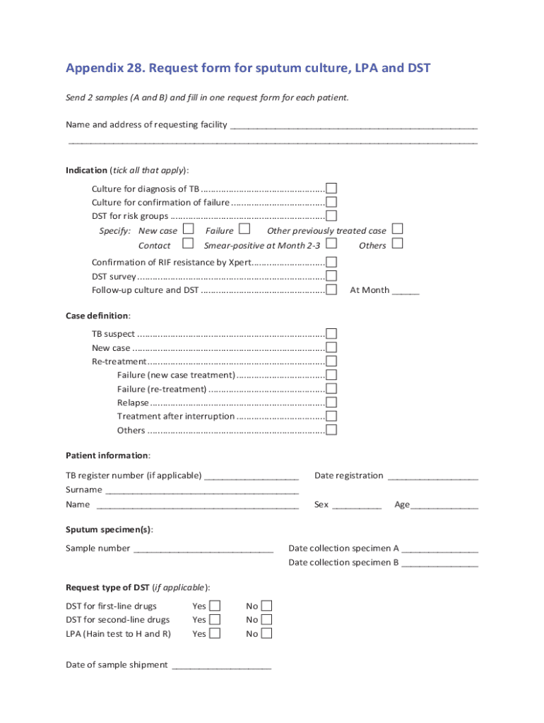 Fillable Online Appendix 28. Request form for sputum culture, LPA and DST Fax Email Print ...