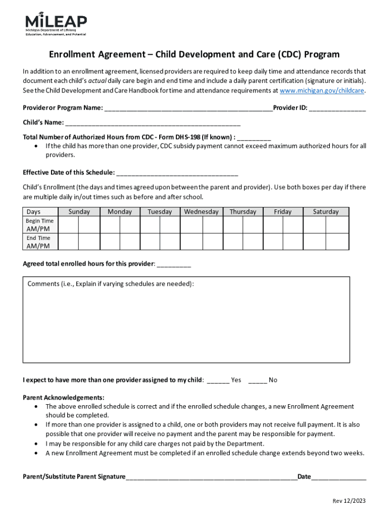 Fillable Online Enrollment Agreement. Enrollment Agreement - Child Development and Care Fax ...