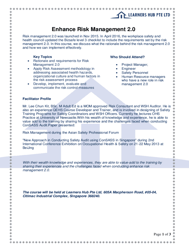 Fillable Online bizSAFE Level 3 Risk Management Audit Checklist Fax Email Print - pdfFiller