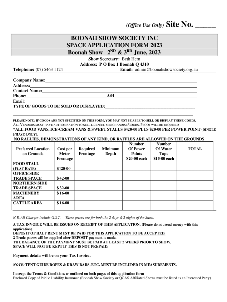 Fillable Online boonahshowsociety org SPACE APPLICATION FORM 2023 Fax Email Print - pdfFiller