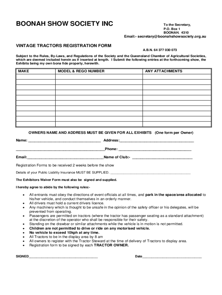 Fillable Online boonahshowsociety org Vintage Tractor Registration Form ...