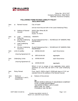 Fillable Online FOLLOWING FORM EXCESS LIABILITY POLICY DECLARATIONS Fax ...