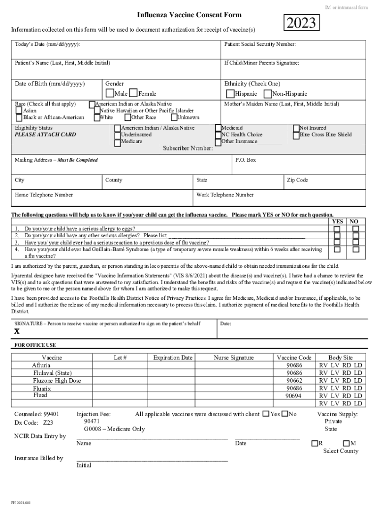 Fillable Online Influenza Vaccine Consent Form for Use With Either ...