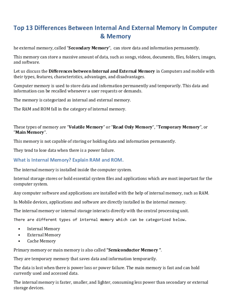 Fillable Online 14 Types of Computer Memory (With Definitions and Uses ...