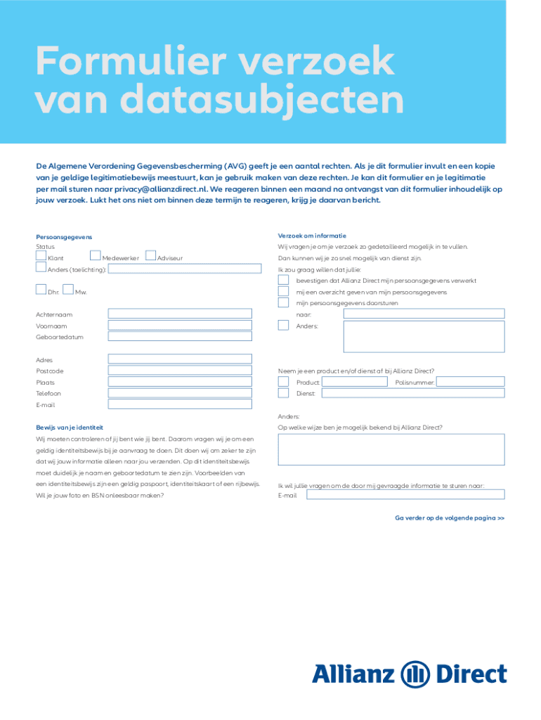 Invulbaar Online Formulier verzoek van datasubjecten. Formulier verzoek van datasubjecten ...