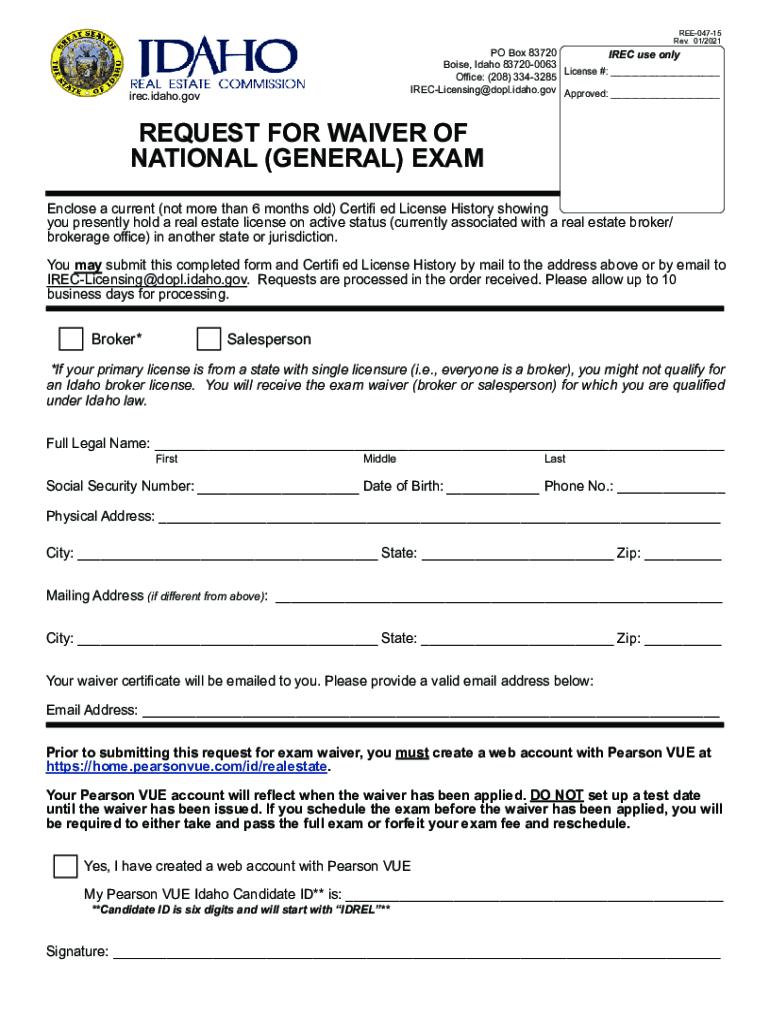 Fillable Online REE-047-15 Request for Exam Waiver 1-2021.indd Fax ...