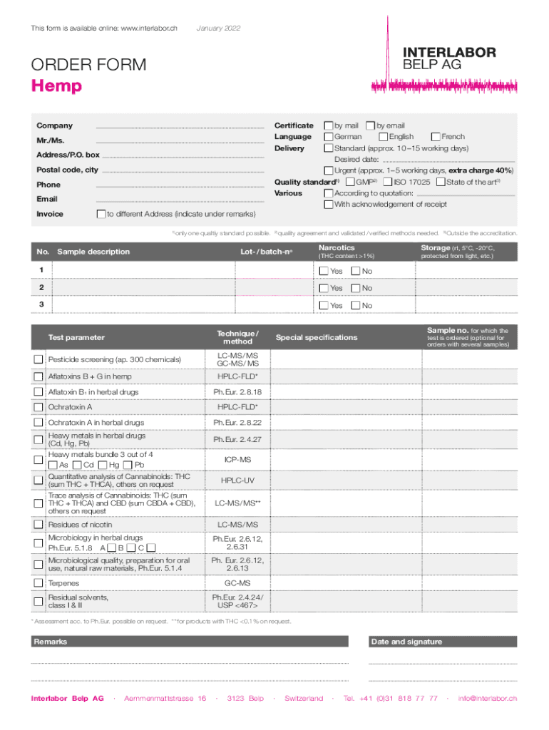 Fillable Online ORDER FORM Water analysis pharma - INTERLABOR Belp AG ...