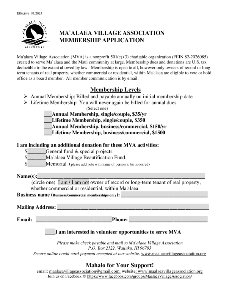 Fillable Online maalaea village association membership application Fax ...
