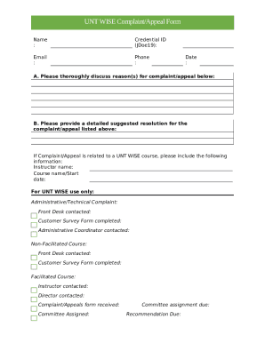 UNT WISE Complaint/Appeal Doc Template | pdfFiller