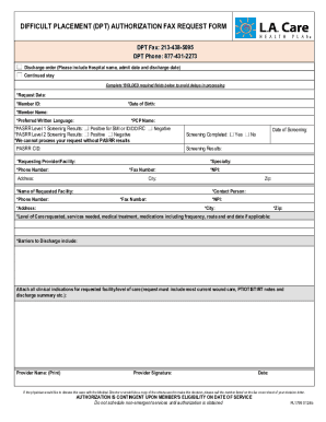 Fillable Online Difficult Placement (DPT) Authorization Fax Request ...