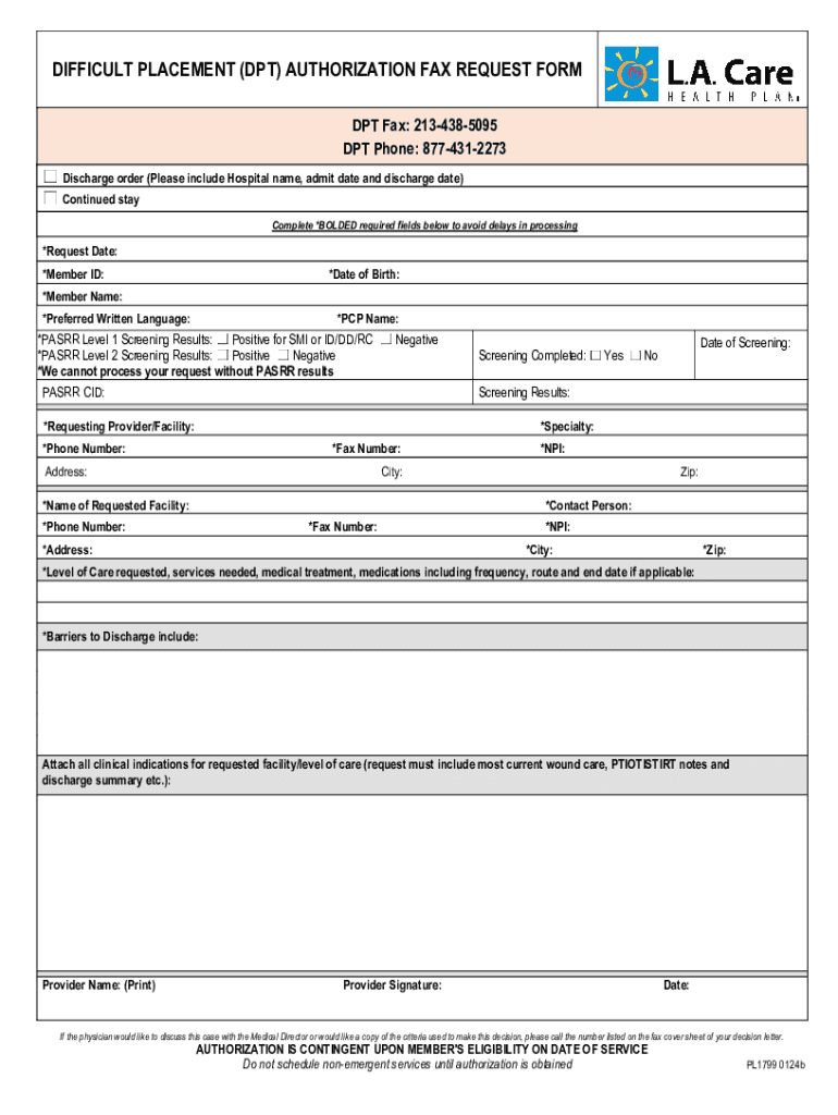 Fillable Online Difficult Placement (DPT) Authorization Fax Request Form Fax Email Print - pdfFiller