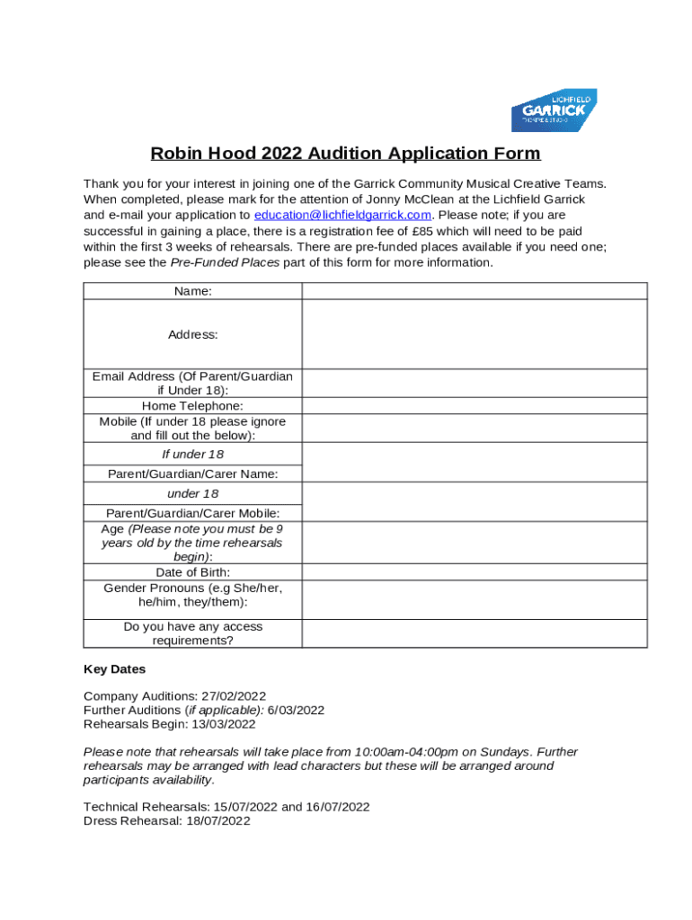 Robin Hood 2022 Audition Application Doc Template | pdfFiller