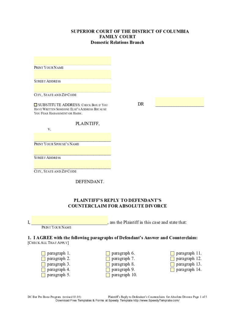 Fillable Online District of Columbia Complaint for Absolute Divorce ...