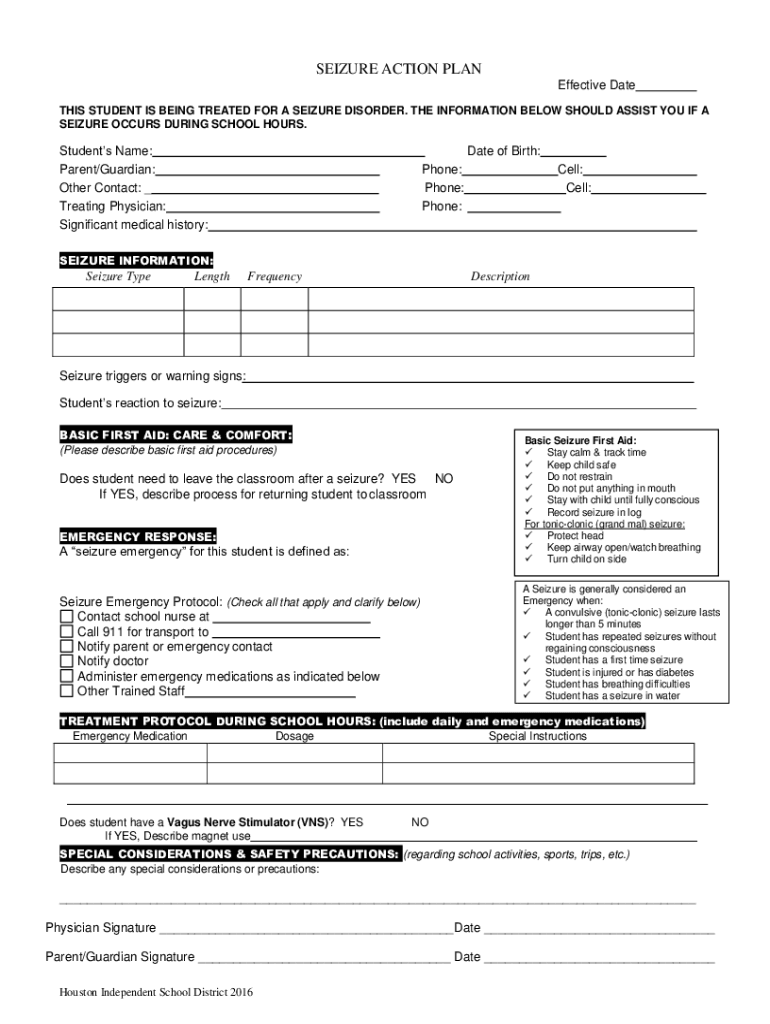 Fillable Online Seizure Action Plan - Medication and treatment protocol ...