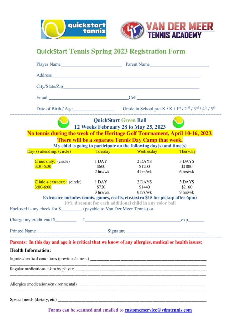 Fillable Online QuickStart Tennis Spring 2023 Registration Form Fax ...