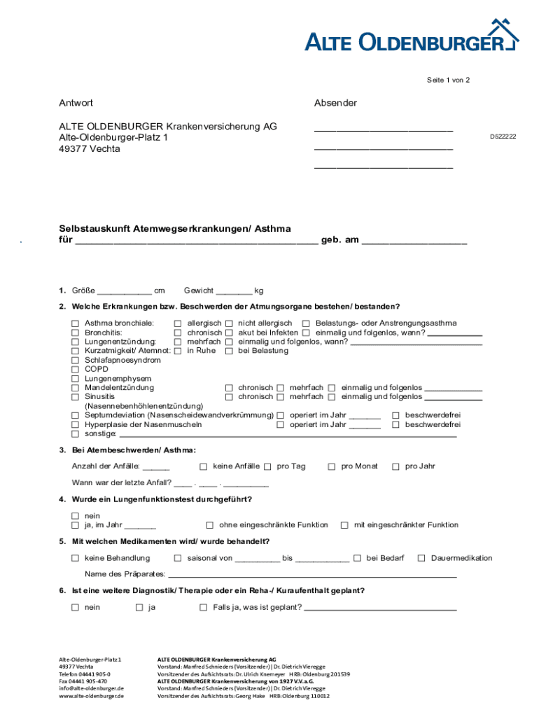 Ausfüllbar Online Selbstauskunft Atemwegserkrankungen Asthma Fax Email Drucken - pdfFiller