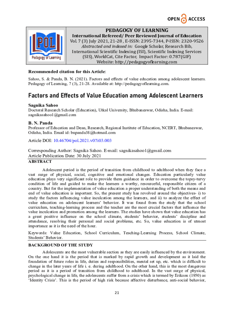 Fillable Online Factors and Effects of Value Education among Adolescent ...