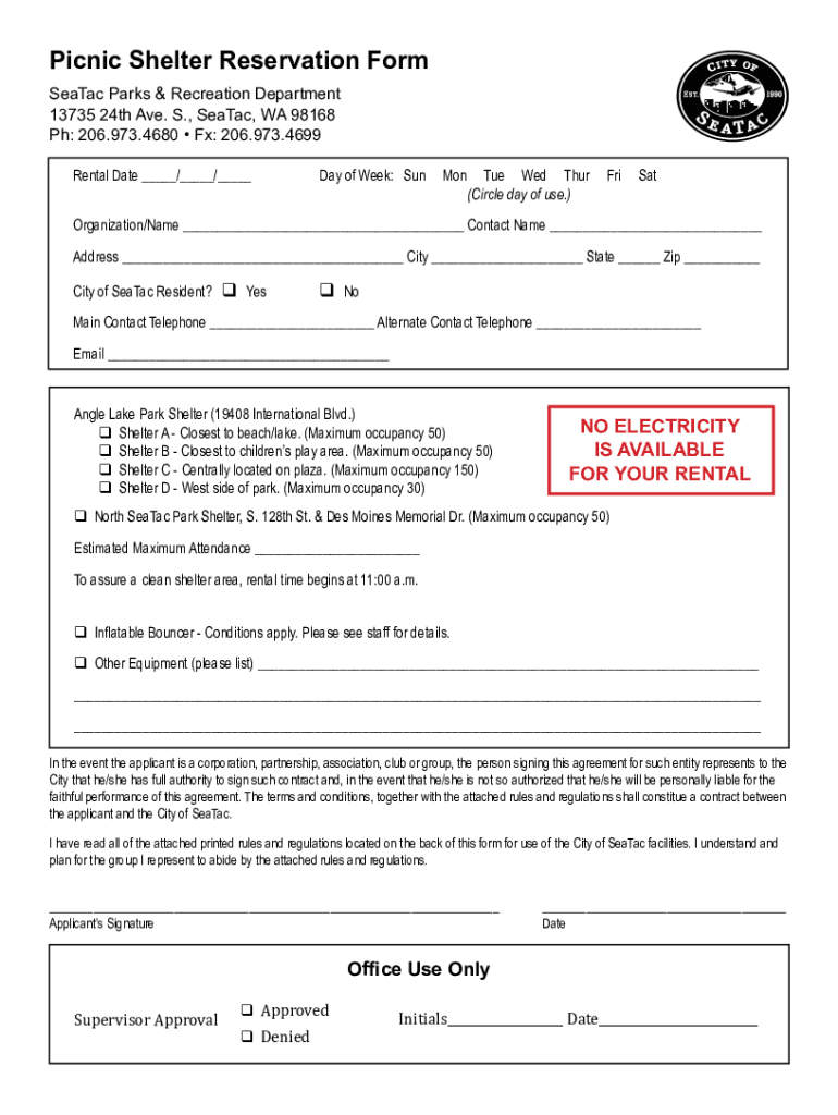 Fillable Online SeaTac Picnic Shelter Reservation Form Fax Email Print - pdfFiller
