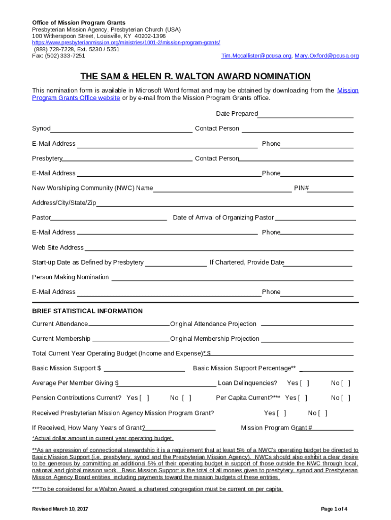 the sam & helen r. walton award nomination Doc Template | pdfFiller